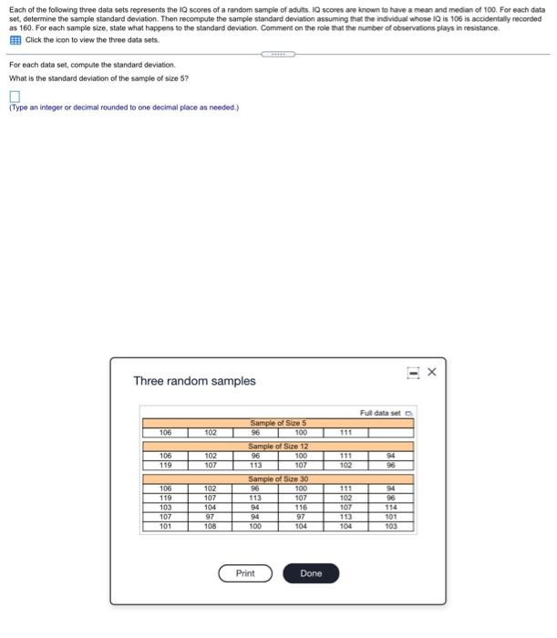Solved Each of the following three data sets represents the | Chegg.com