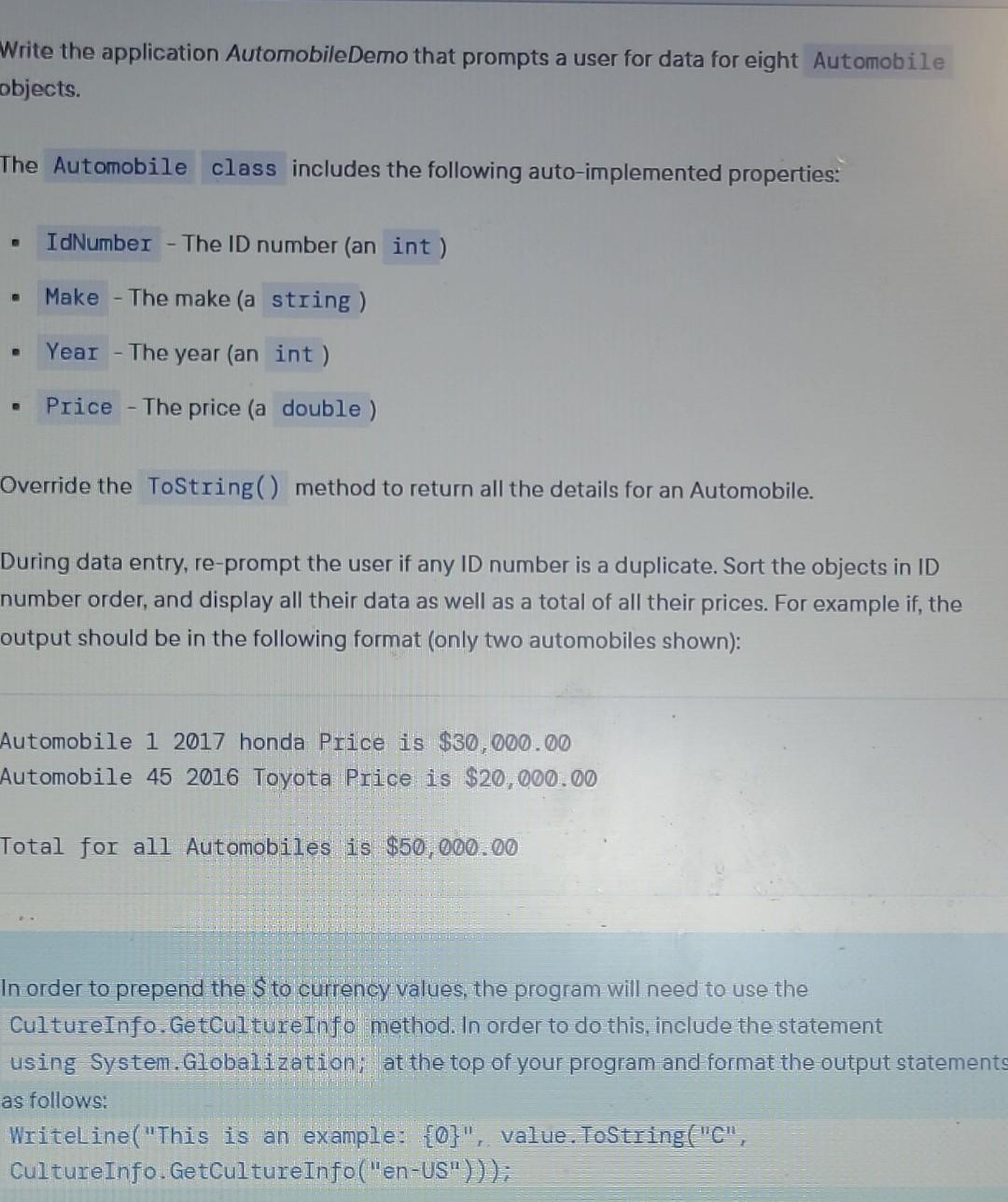 Solved Write the application AutomobileDemo that prompts a | Chegg.com