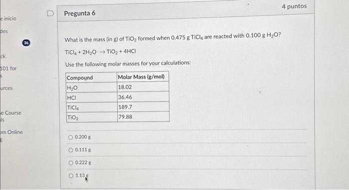 Solved What is the mass (in g ) of TiO2 formed when 0.475 | Chegg.com
