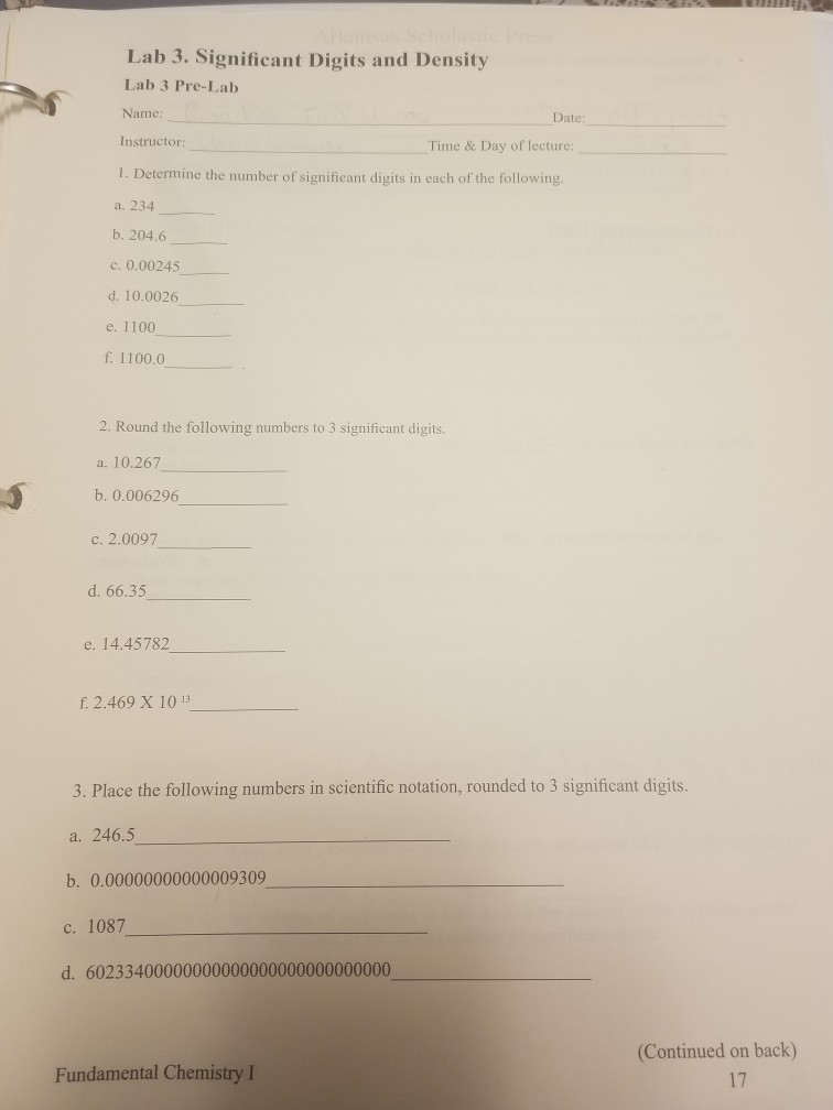 Solved Lab 3. Significant Digits and Density Lab 3 Pre-Lab | Chegg.com