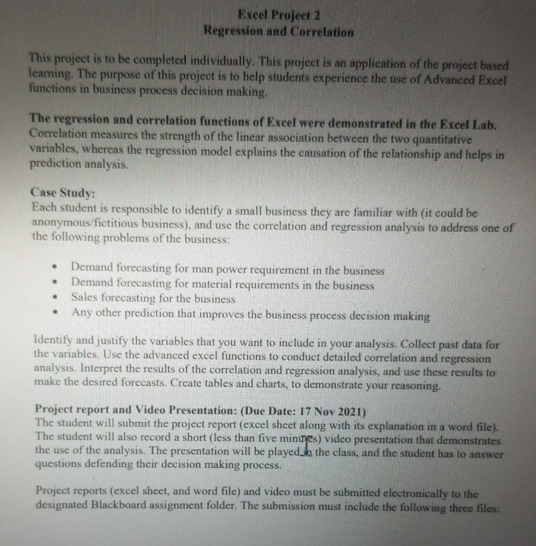 Solved Excel Project 2 Regression and Correlation This | Chegg.com