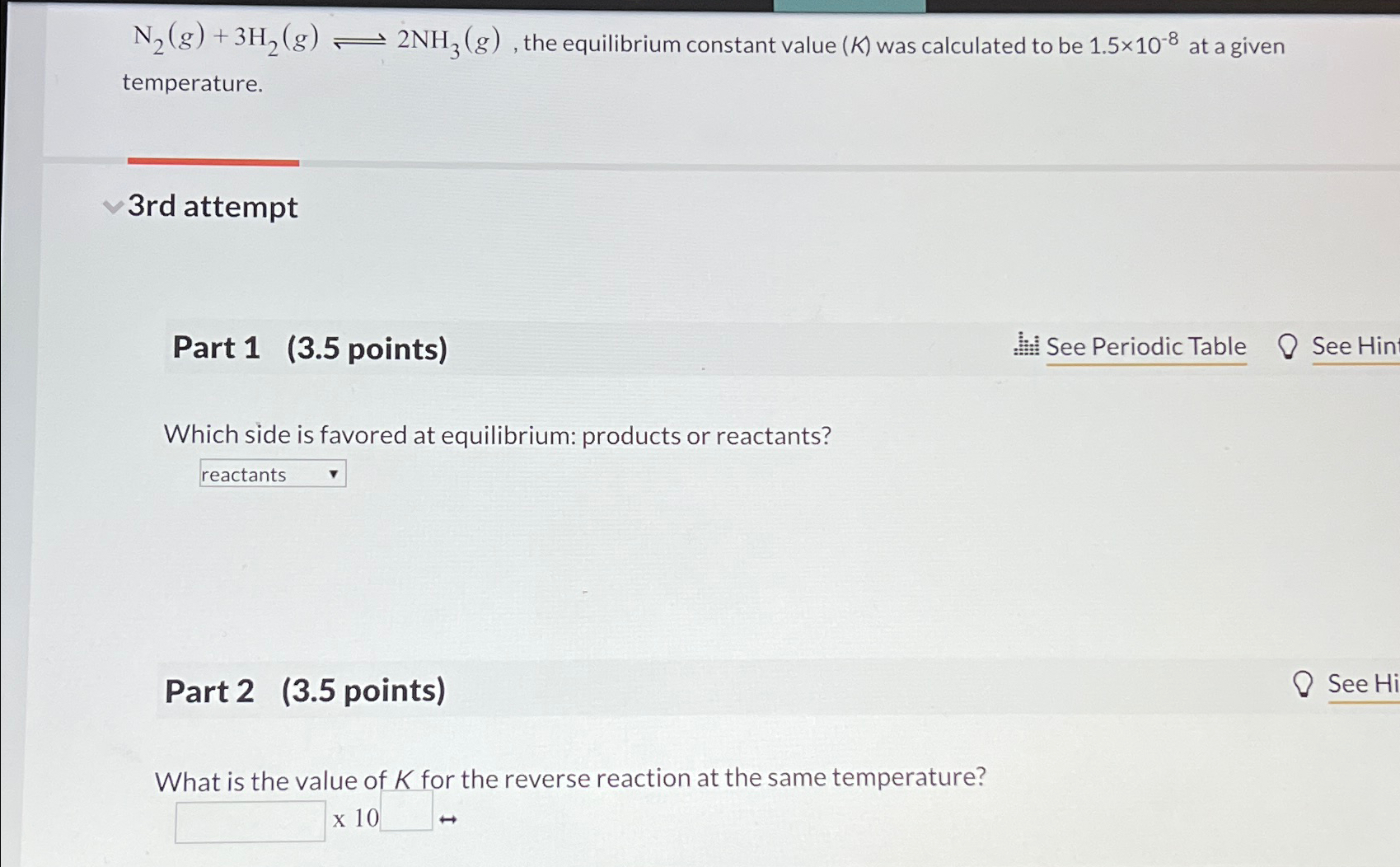 Solved N2(g)+3H2(g)⇌2NH3(g), ﻿the equilibrium constant value | Chegg.com