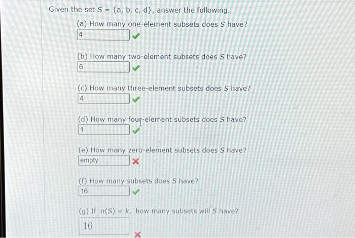 Solved can not find the answer to E or GGiven the set S = | Chegg.com