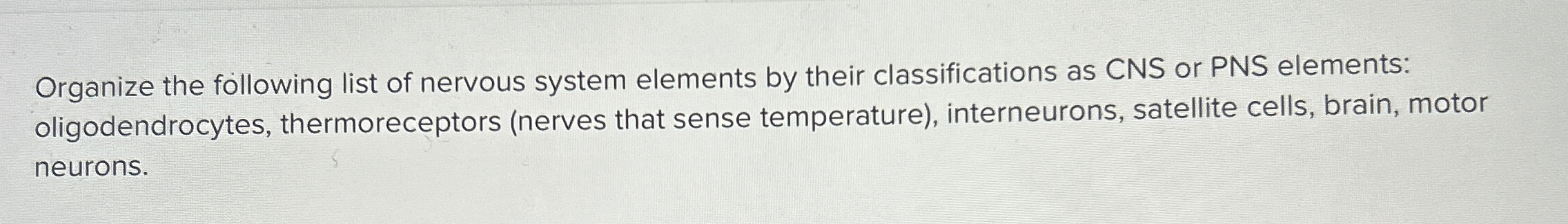 Solved Organize the following list of nervous system | Chegg.com