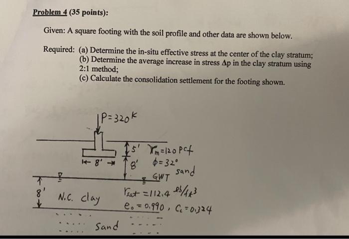 Solved Problem 4 (35 points): Given: A square footing with | Chegg.com