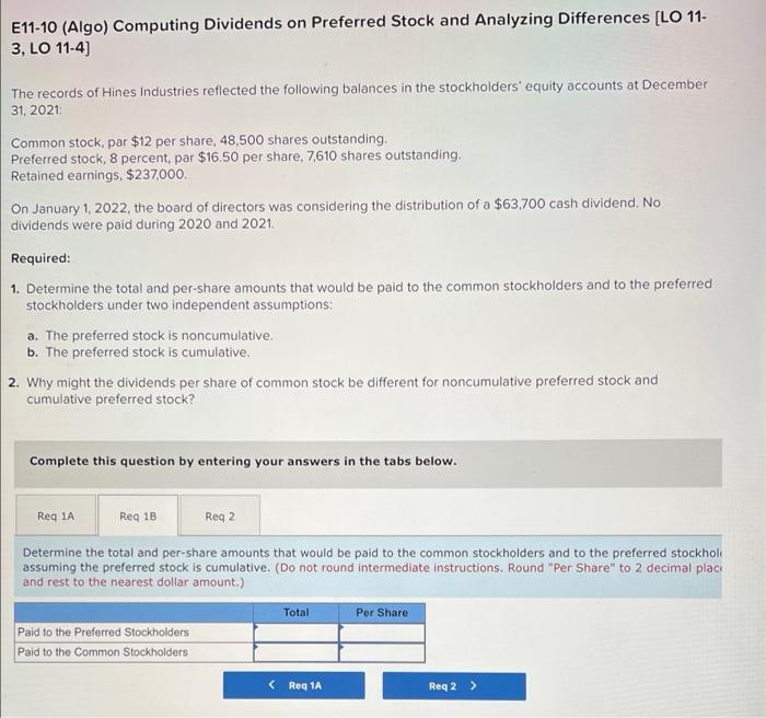 Solved E11-10 (Algo) Computing Dividends on Preferred Stock | Chegg.com