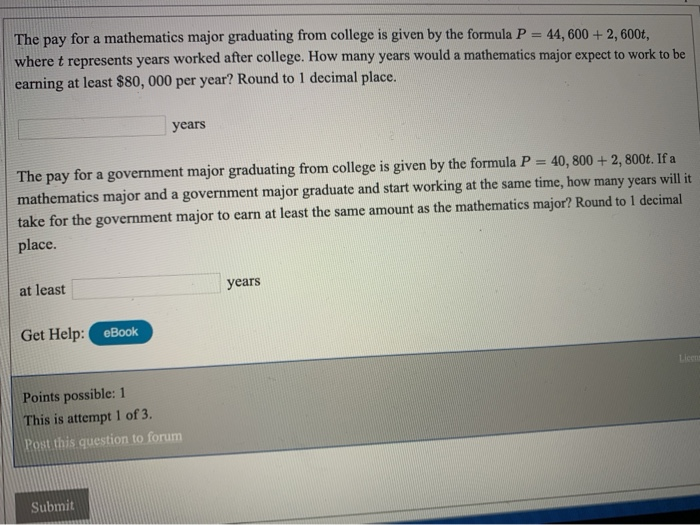 Solved The pay for a mathematics major graduating from | Chegg.com