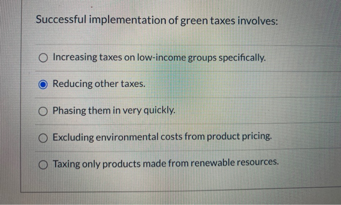Solved Successful implementation of green taxes involves: O | Chegg.com