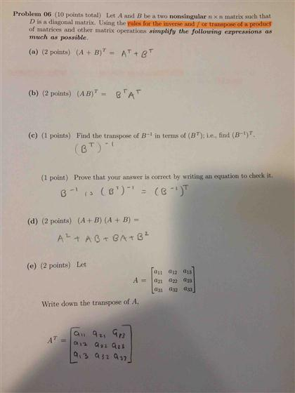 Solved Let A and B be a two nonsingular n times n matrix | Chegg.com