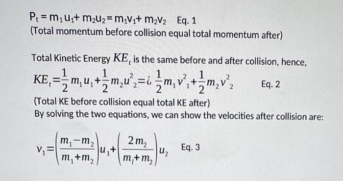 Pt=m1u1+m2u2=m1v1+m2v2 Eq. 1 (Total momentum before | Chegg.com