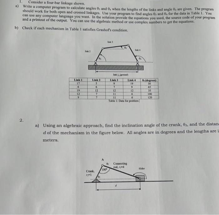 Solved 1. a) Consider a four-bar linkage shown. Write a | Chegg.com