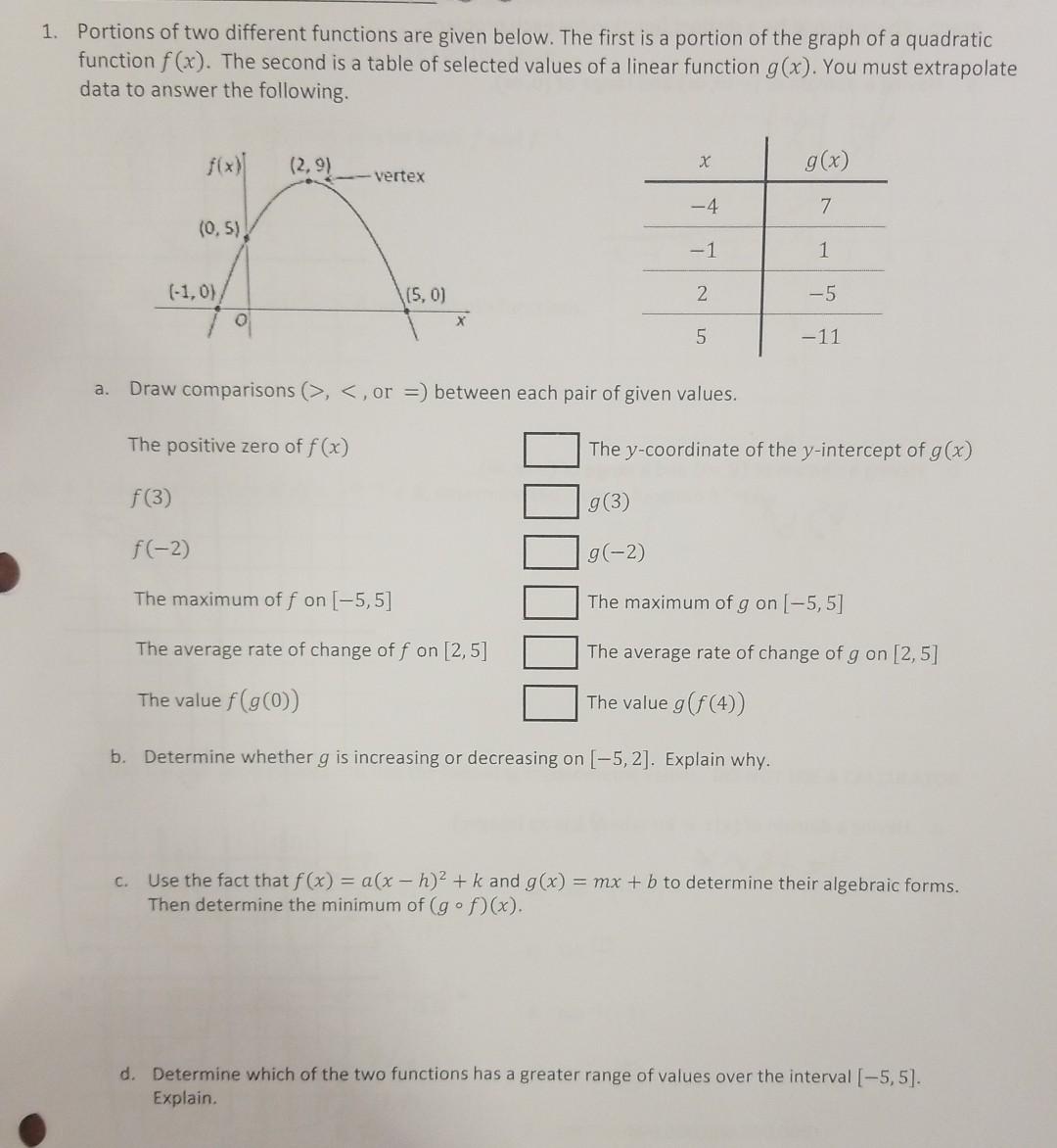 Solved 1. Portions of two different functions are given | Chegg.com