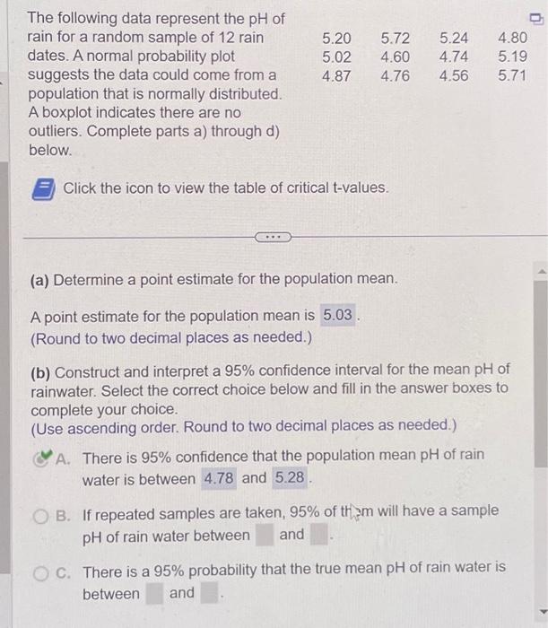 [Solved]: Click the icon to view the table of critical t-va