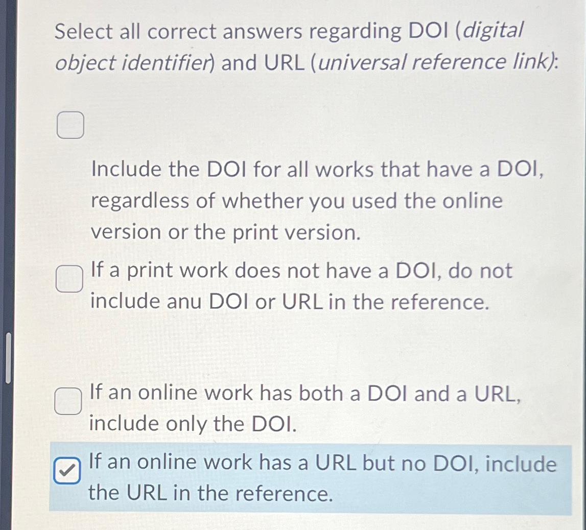 Solved Select all correct answers regarding DOI (digital | Chegg.com
