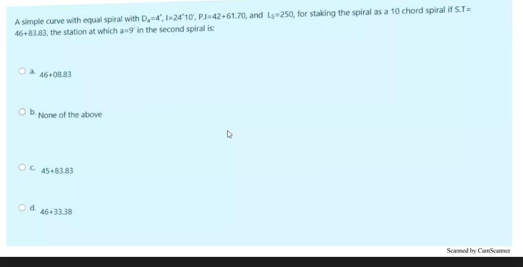 Solved A simple curve with equal spiral with D,=4", | Chegg.com