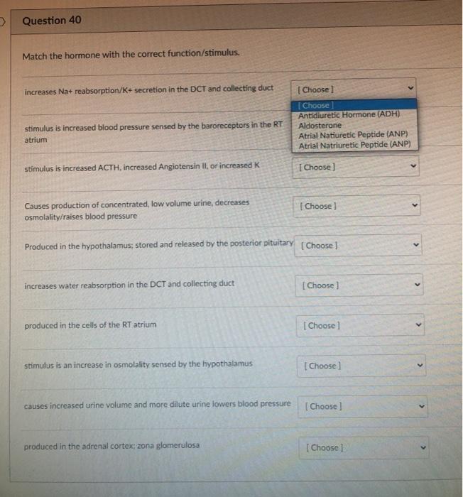 Solved Question 40 Match the hormone with the correct | Chegg.com