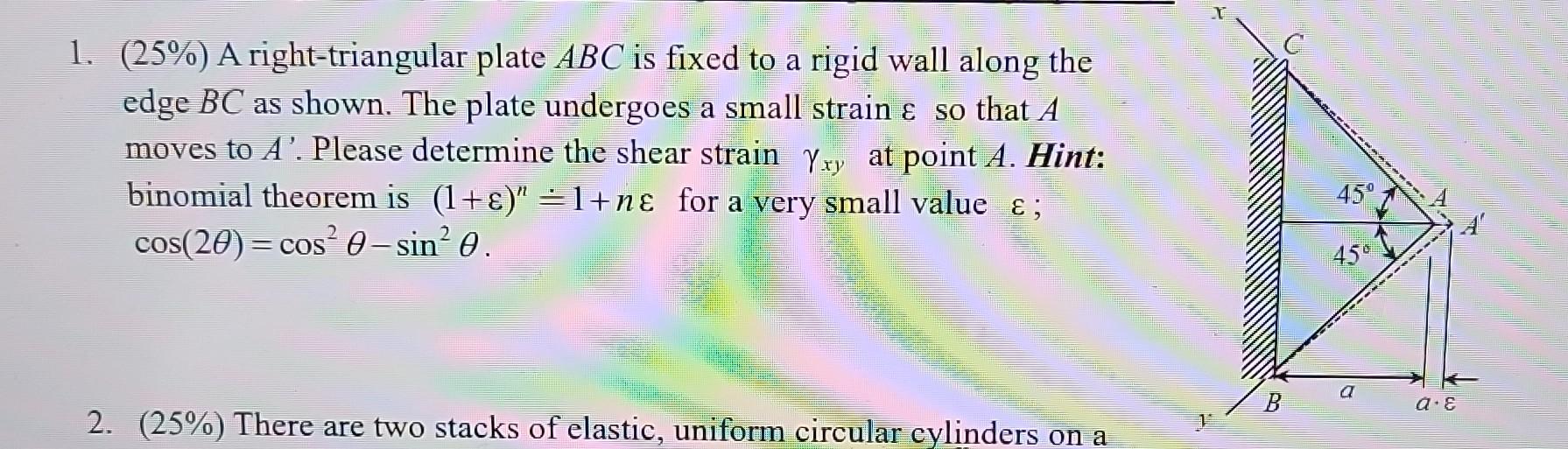 Solved 1. (25%) A right-triangular plate ABC is fixed to a | Chegg.com