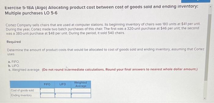 Solved Exercise 5-18A (Algo) Allocating product cost between | Chegg.com