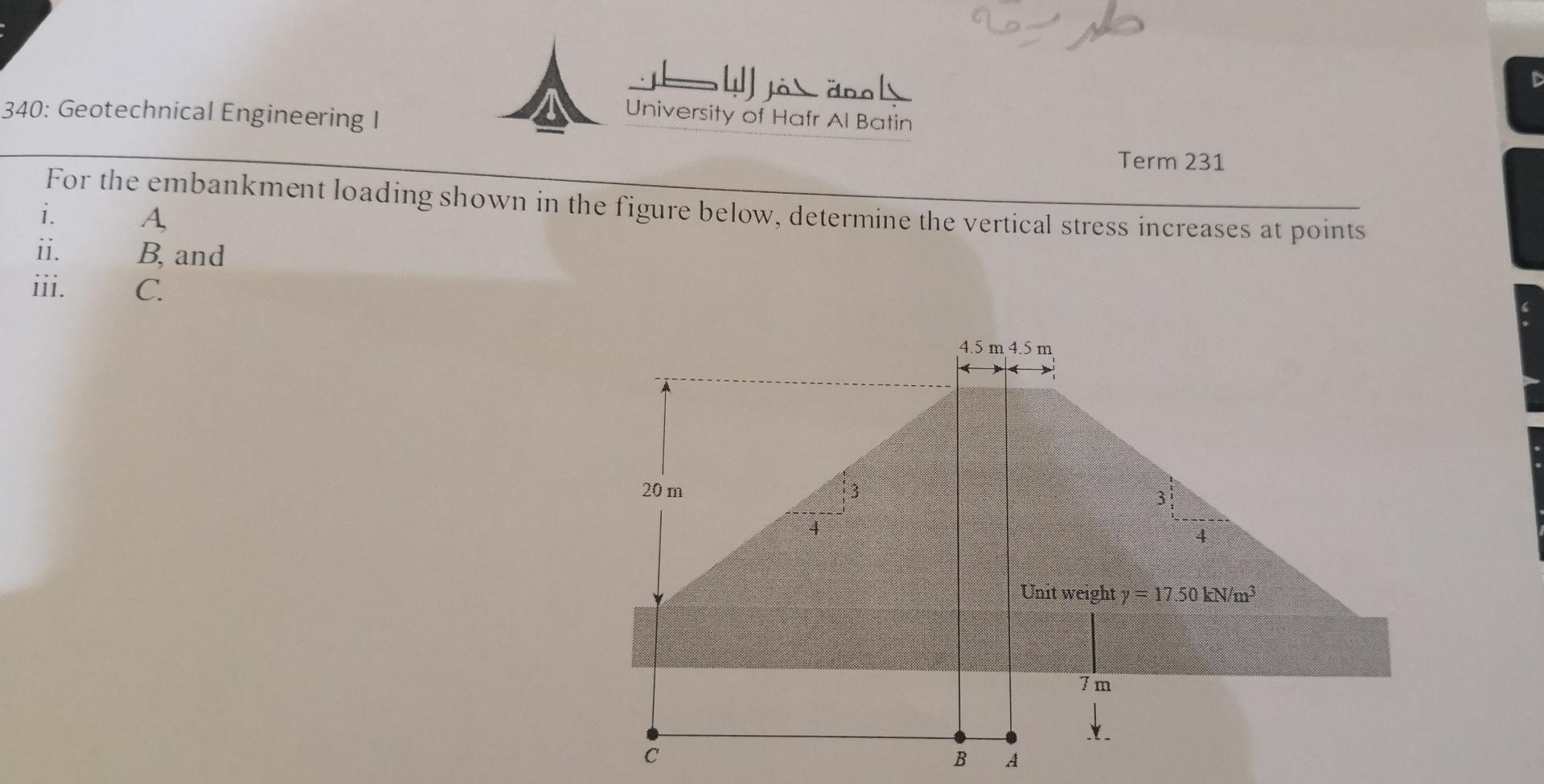 Solved Term 231 For the embankment loading shown in the | Chegg.com