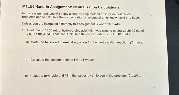 Solved M1LE5 Hand-In Assignment: Neutralization Calculations | Chegg.com