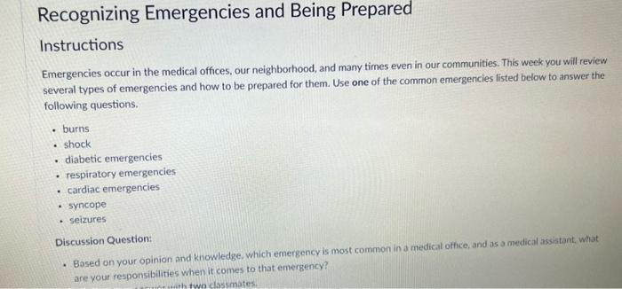 Solved Recognizing Emergencies and Being Prepared | Chegg.com