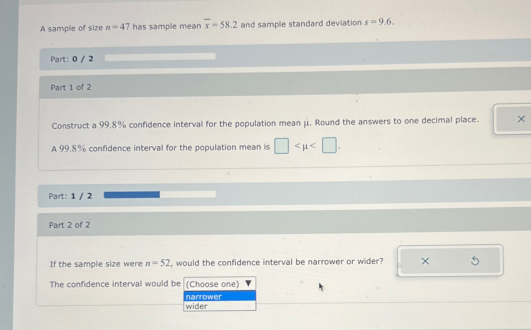 Solved A sample of size n=47 ﻿has sample mean x‾=58.2 ﻿and | Chegg.com