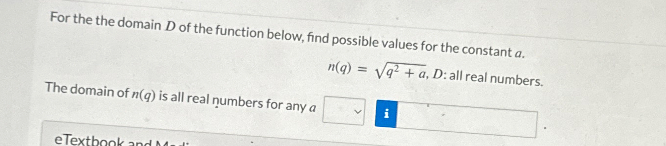 Solved For the the domain D ﻿of the function below, find | Chegg.com