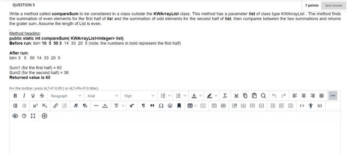 Solved QUESTIONS 7 points SA Write a method cailed compare | Chegg.com