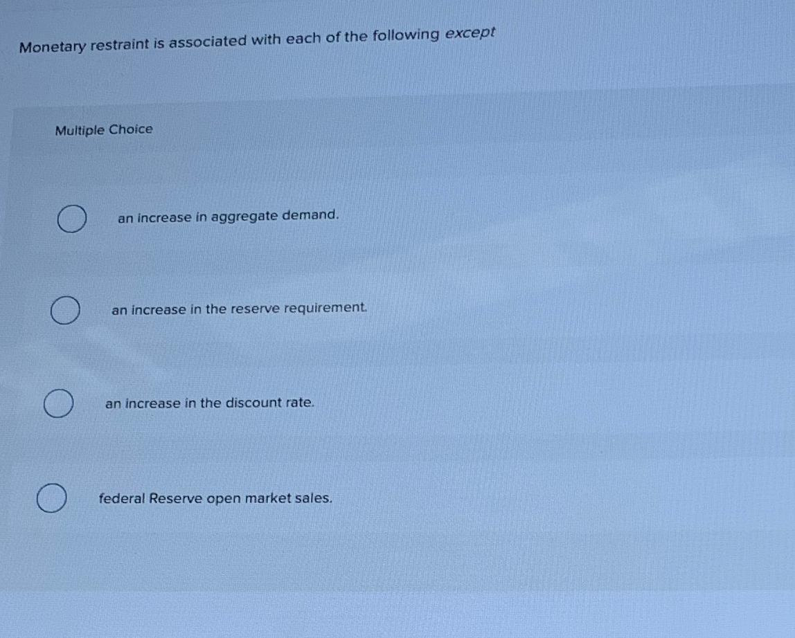 Solved Monetary restraint is associated with each of the | Chegg.com