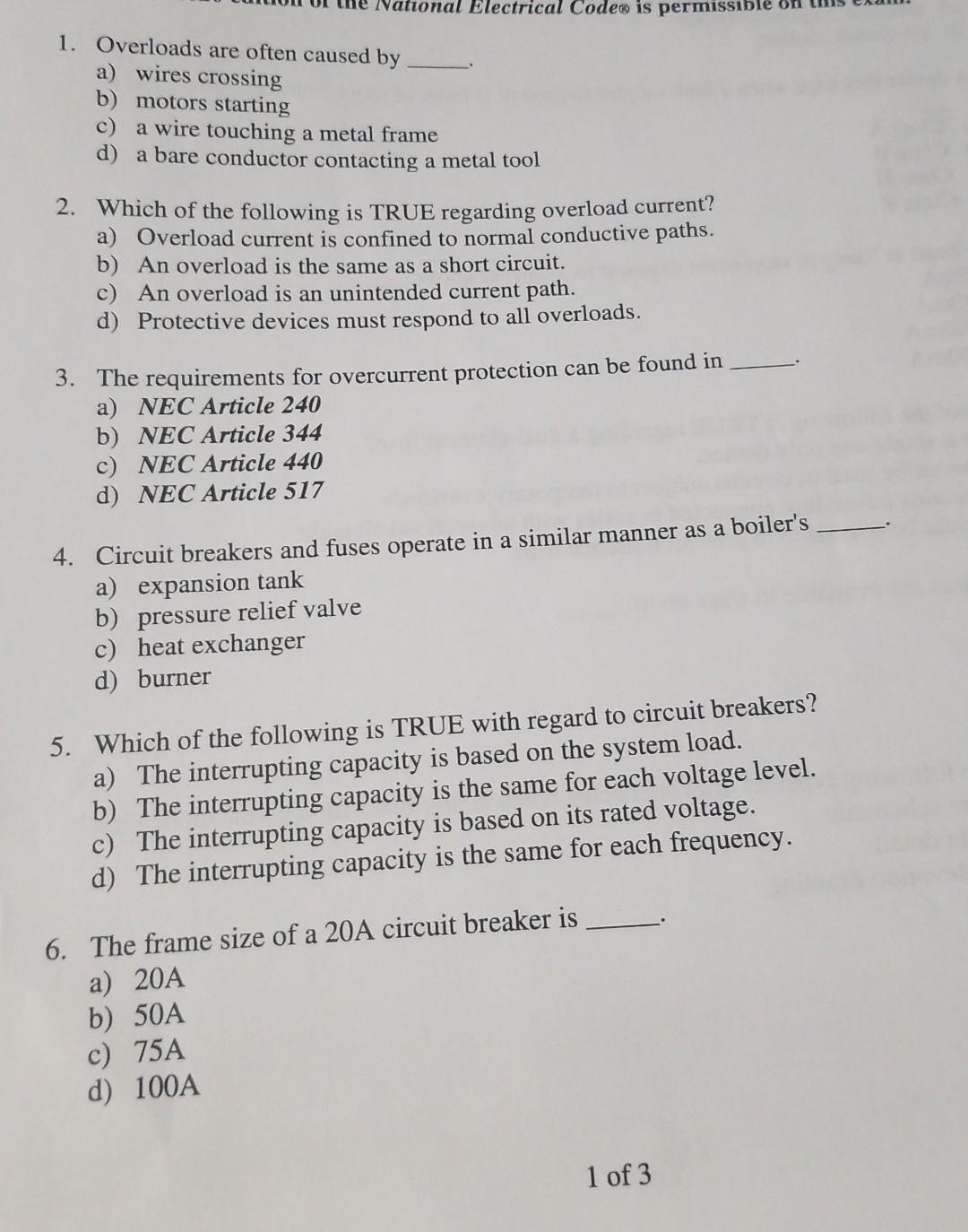 Solved 1. Overloads are often caused by a) wires crossing b) | Chegg.com