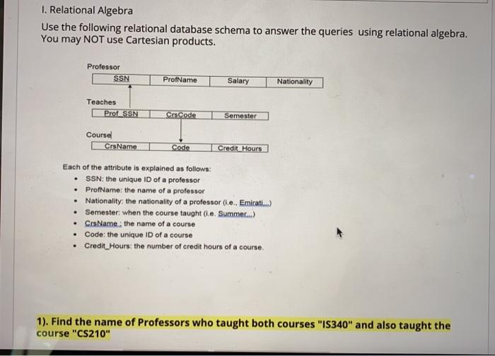 Solved I. Relational Algebra Use the following relational | Chegg.com