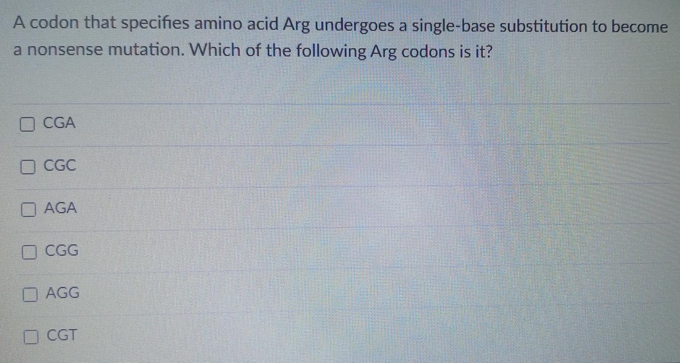 Solved A codon that specifies amino acid Arg undergoes a | Chegg.com