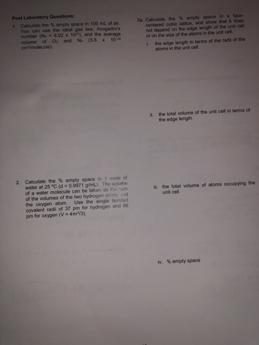 Solved Post Laboratory Questions: 1. Calculate the % empty | Chegg.com
