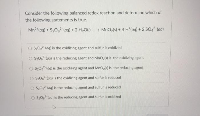 Solved Consider the following balanced redox reaction and | Chegg.com