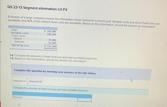 Solved QS 23-13 Segment elimination LO P4 A division of a | Chegg.com