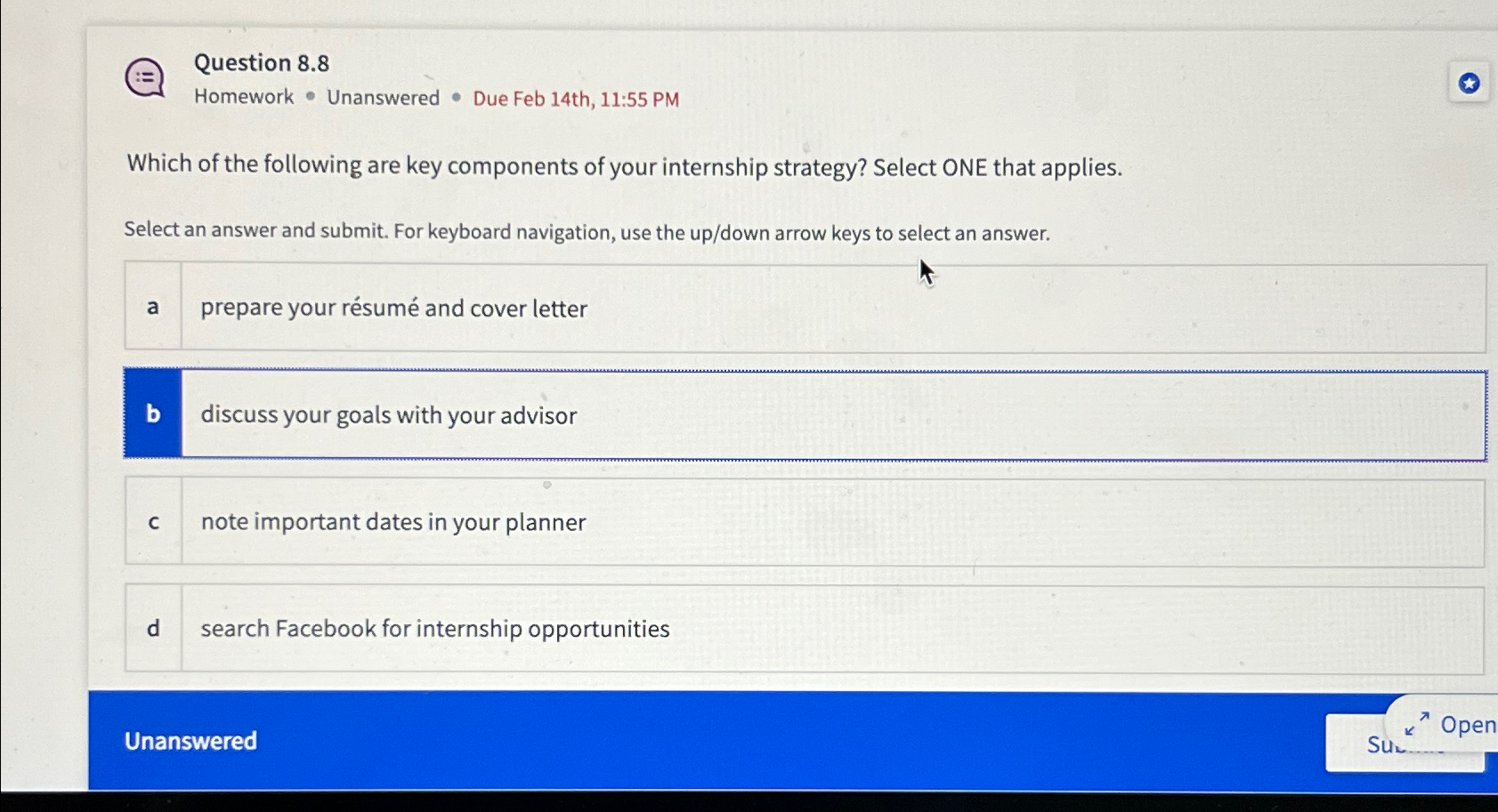 Solved Question 8.8Homework * ﻿Unanswered * ﻿Due Feb | Chegg.com