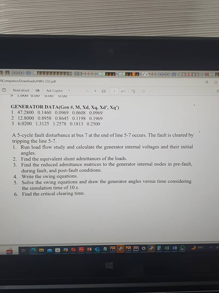 Solved GENERATOR DATA(Gen #, ﻿M, ﻿Xd, ﻿Xq, ﻿Xd', ﻿Xq')A | Chegg.com
