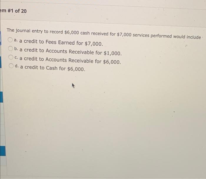 Solved The journal entry to record $6,000 cash received for | Chegg.com