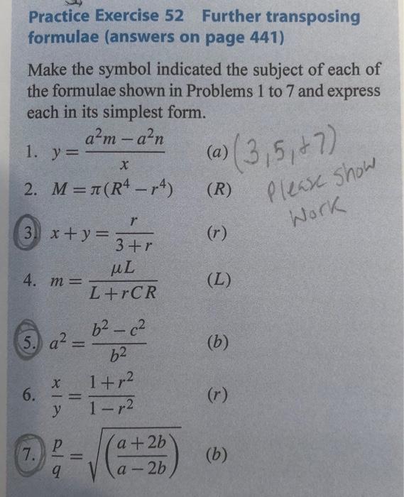 Solved Practice Exercise 52 Further transposing formulae | Chegg.com