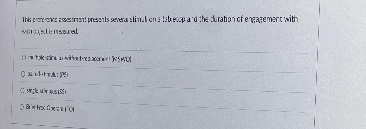 Solved This preference assessment presents several stimuli | Chegg.com