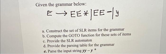 Solved Given the grammar below: E→EE∗∣EE−∣y a. Construct the | Chegg.com