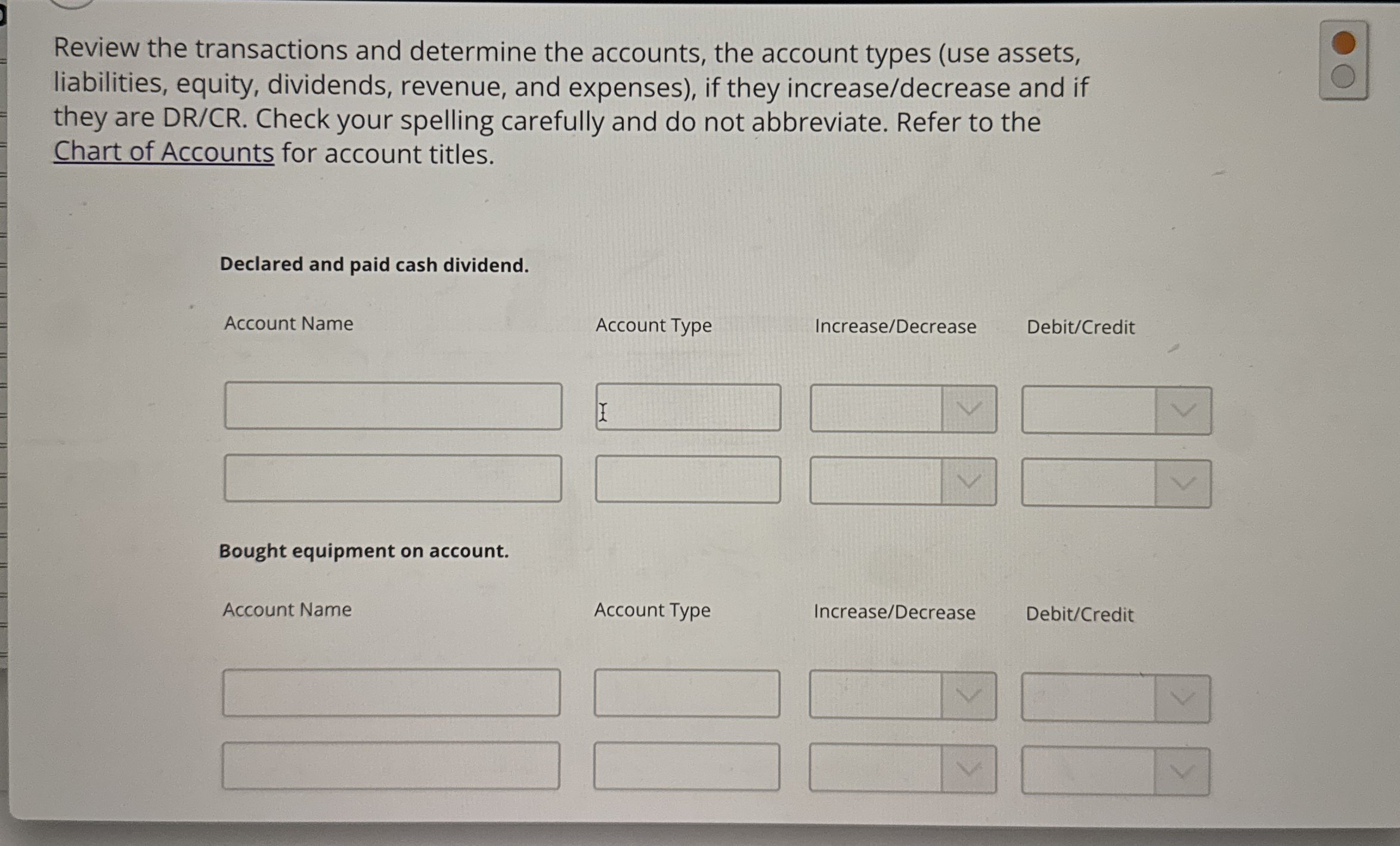 Solved Review the transactions and determine the accounts, | Chegg.com