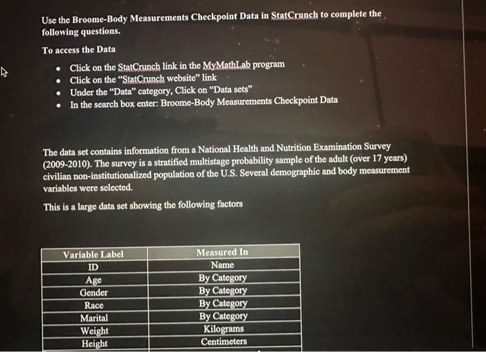 Solved Use the Broome-Body Measurements Checkpoint Data in | Chegg.com