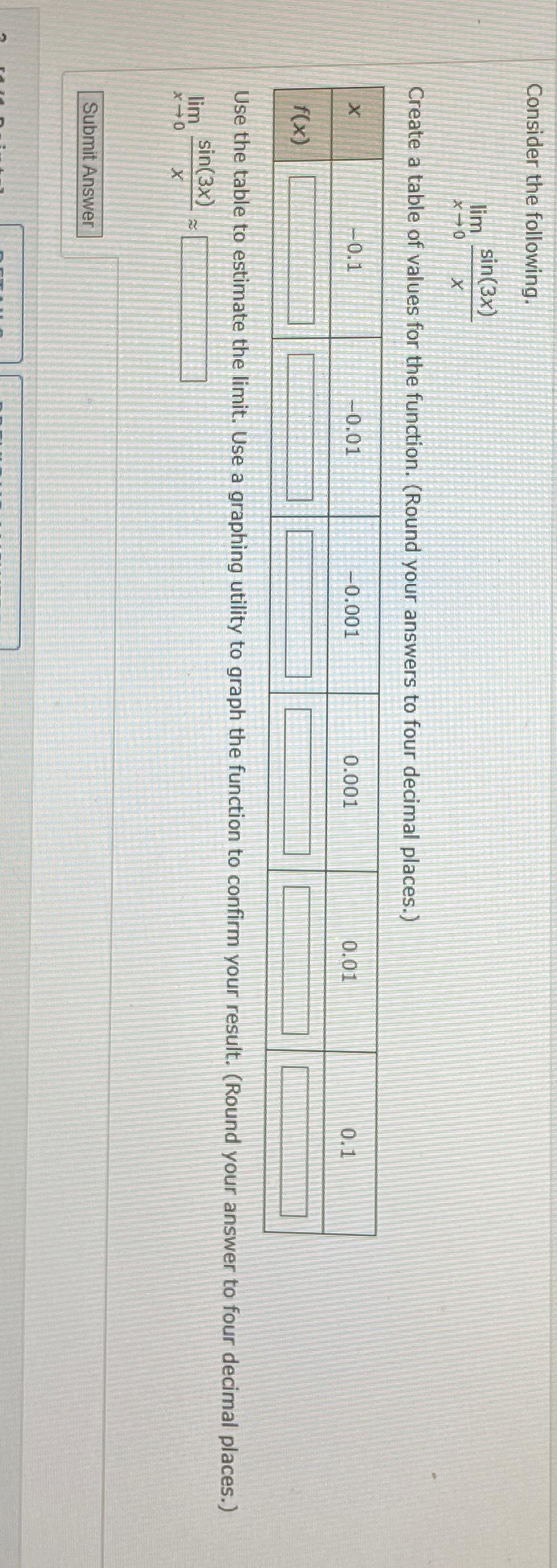 Solved Consider the following.limx→0sin(3x)xCreate a table | Chegg.com