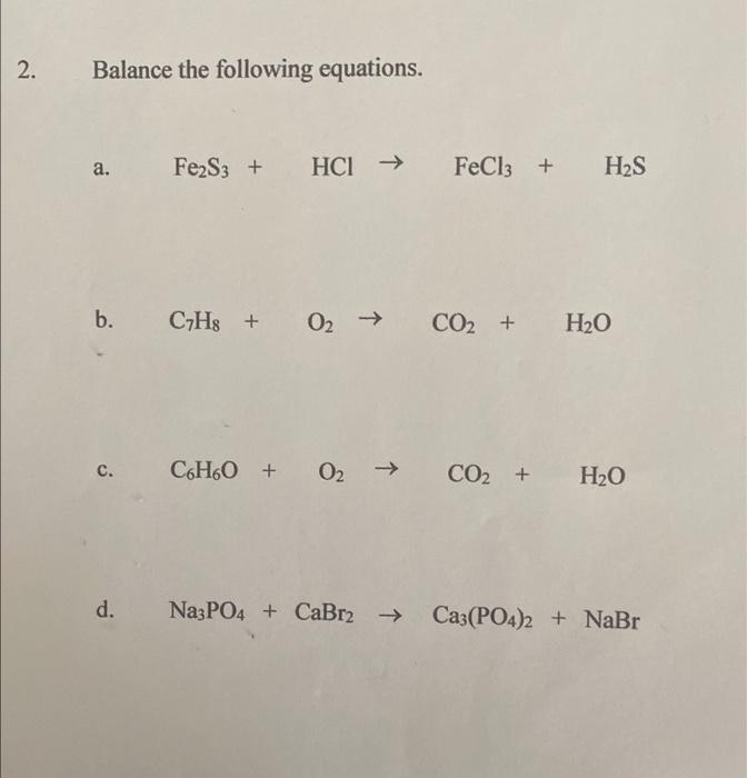Solved Balance the following equations. a. Fe2 | Chegg.com