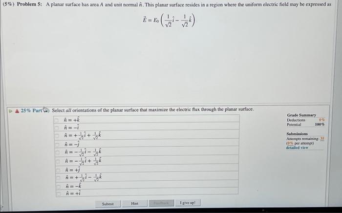Solved (5%) Problem 5: A planar surface has area A and unit | Chegg.com