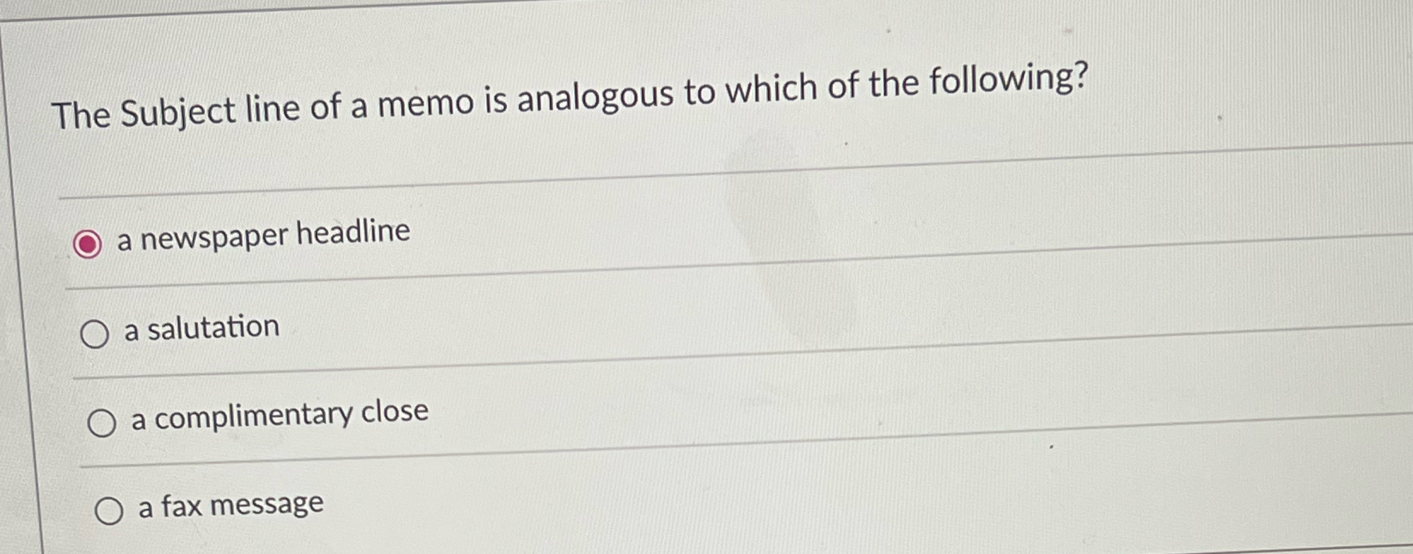 Solved The Subject line of a memo is analogous to which of | Chegg.com