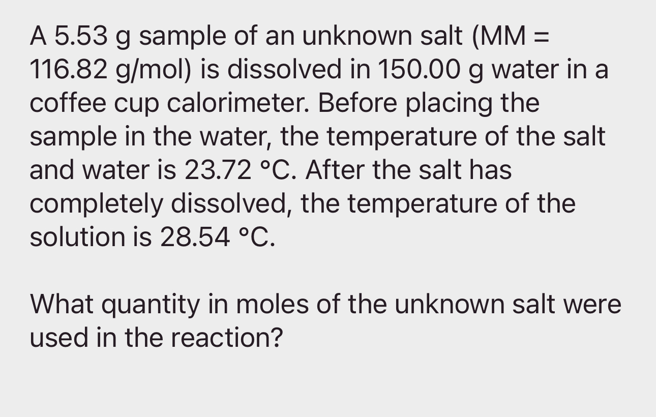 Solved A 5.53g ﻿sample of an unknown salt ( MM= 116.82gmol ) | Chegg.com