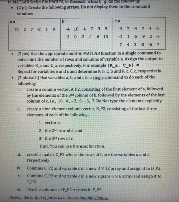 Solved In MATLAB Script flle HW3P2, in format short g, do | Chegg.com