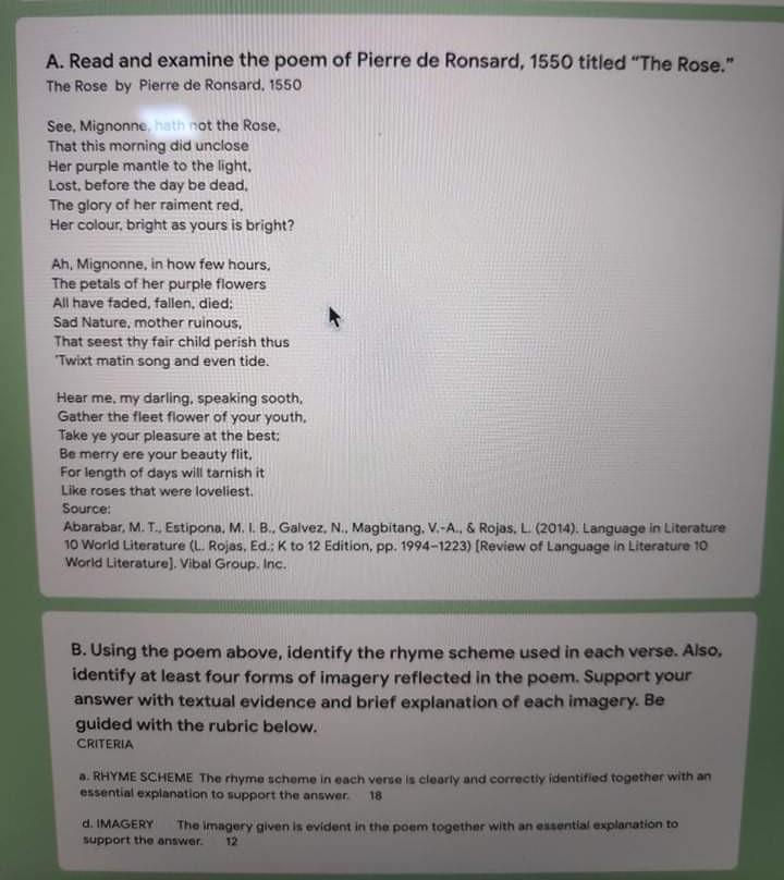 Read and examine the poem of Pierre de Ronsard, 1550 | Chegg.com